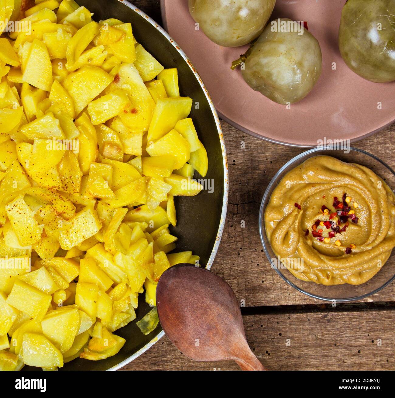 fried potatoes,mustard and pickles,top view Stock Photo - Alamy