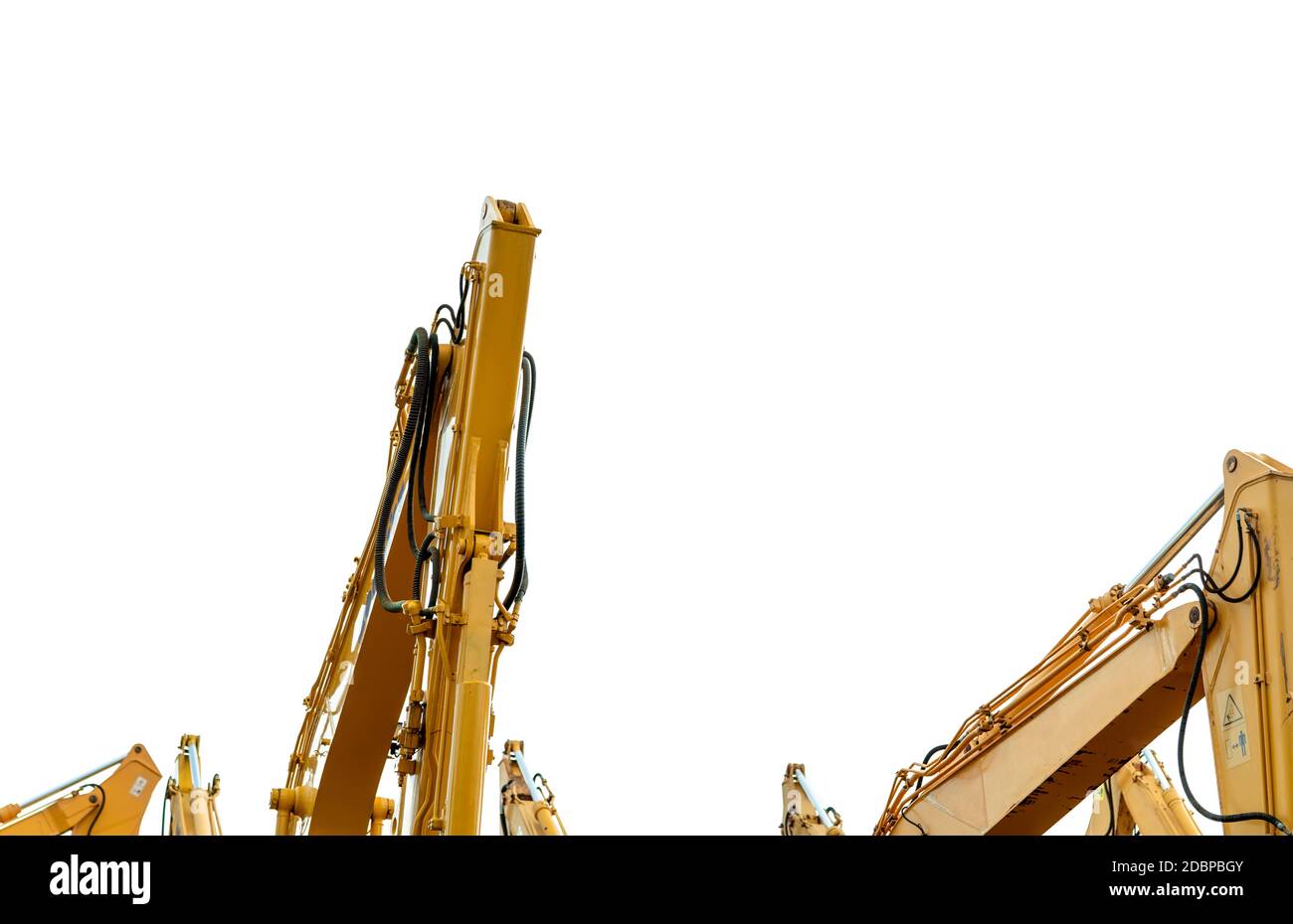 Yellow backhoe with hydraulic piston arm isolated on white. Heavy ...