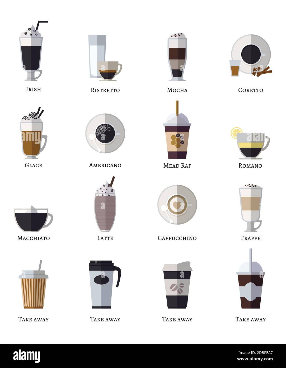 Coffee types vector flat icons set. Latte romano frappe glace take away ...