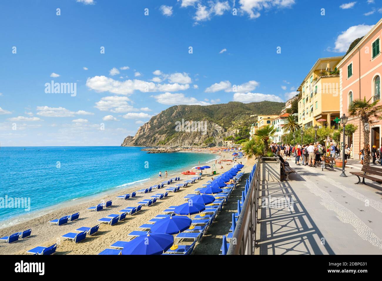 The sea and sandy beach Spiaggia di Fegina at the Cinque Terre Italy ...