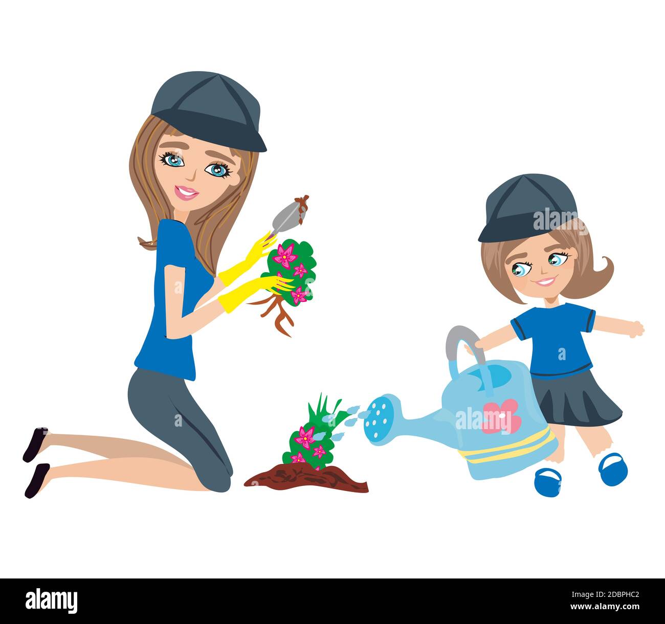 Mom and daughter plant flowers in the garden Stock Photo - Alamy