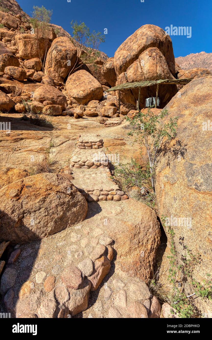 stone road to cave with bushmen rock paintings White Lady in Brandberg ...