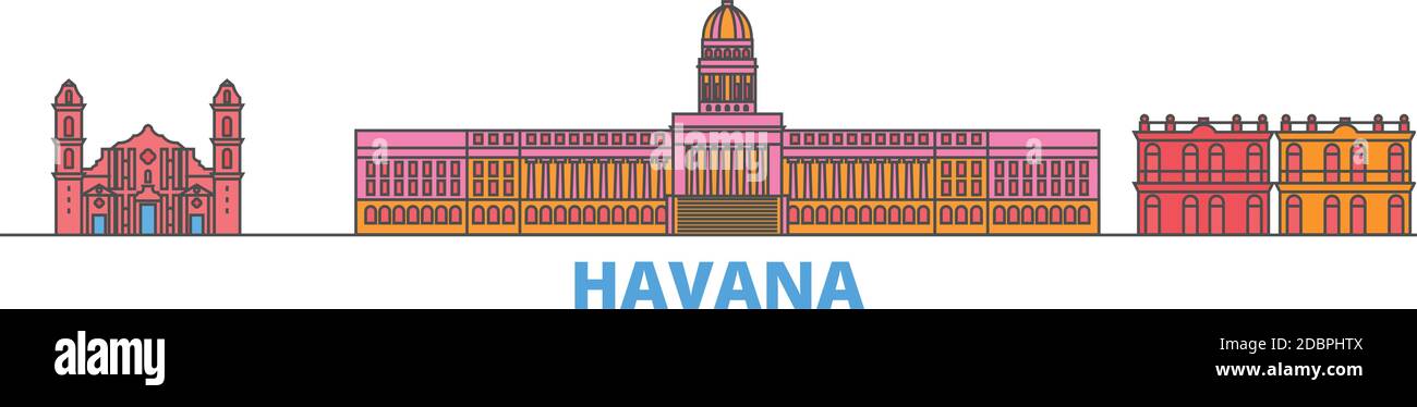Cuba, Havana City line cityscape, flat vector. Travel city landmark ...