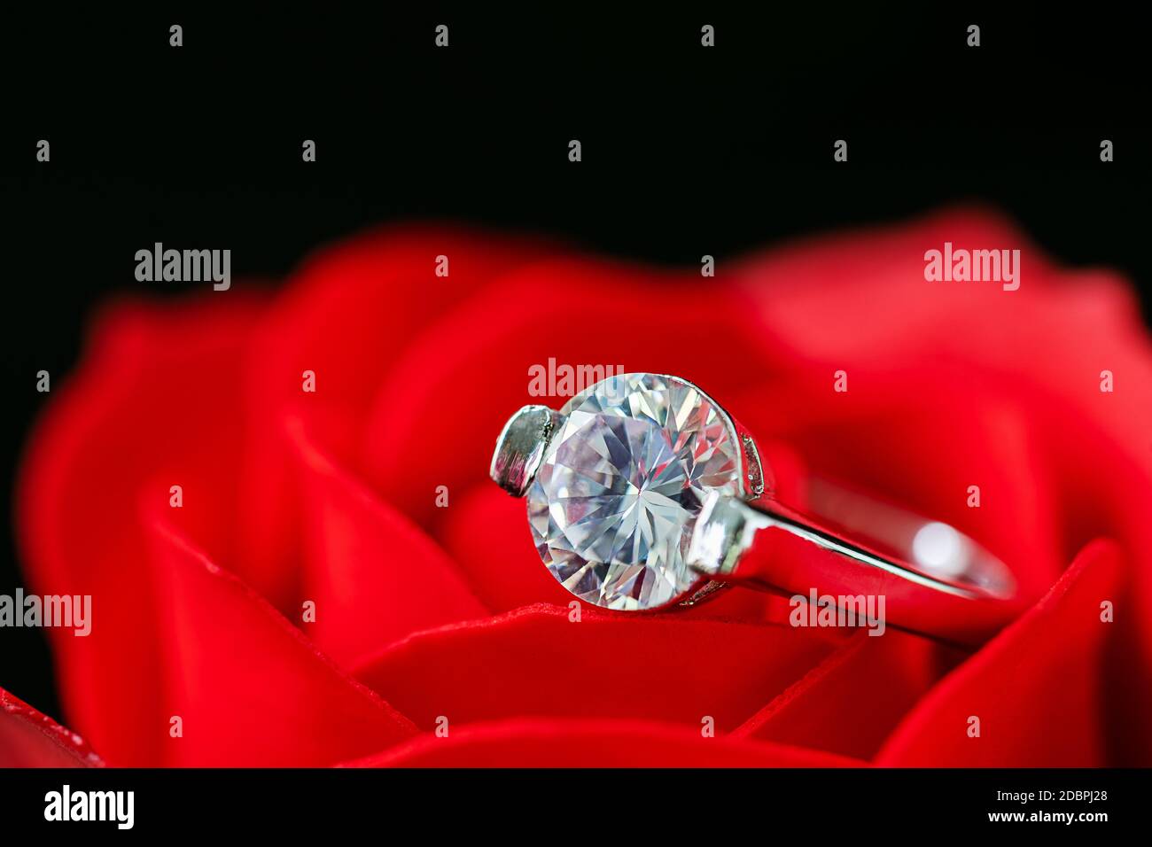 Closeup Diamond gem wedding rings on red roses leaves Stock Photo - Alamy