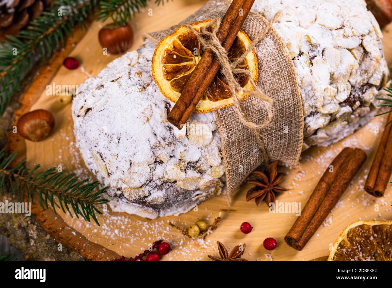 Christmas Holiday Background. Stollen, German Christmas Cake with Dried ...