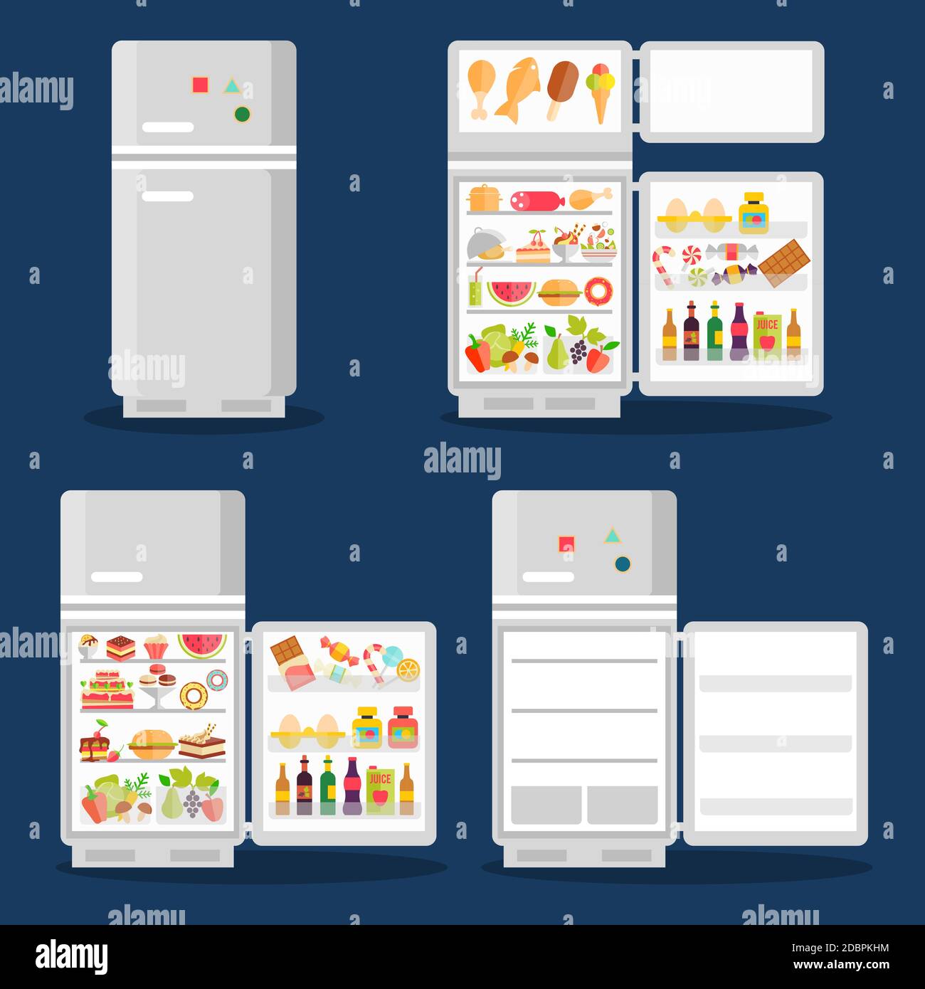 Opened refrigerator with food in flat style. Fridge open, food and ...