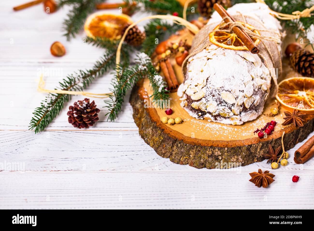 Christmas Holiday Background. Stollen, German Christmas Cake with Dried ...
