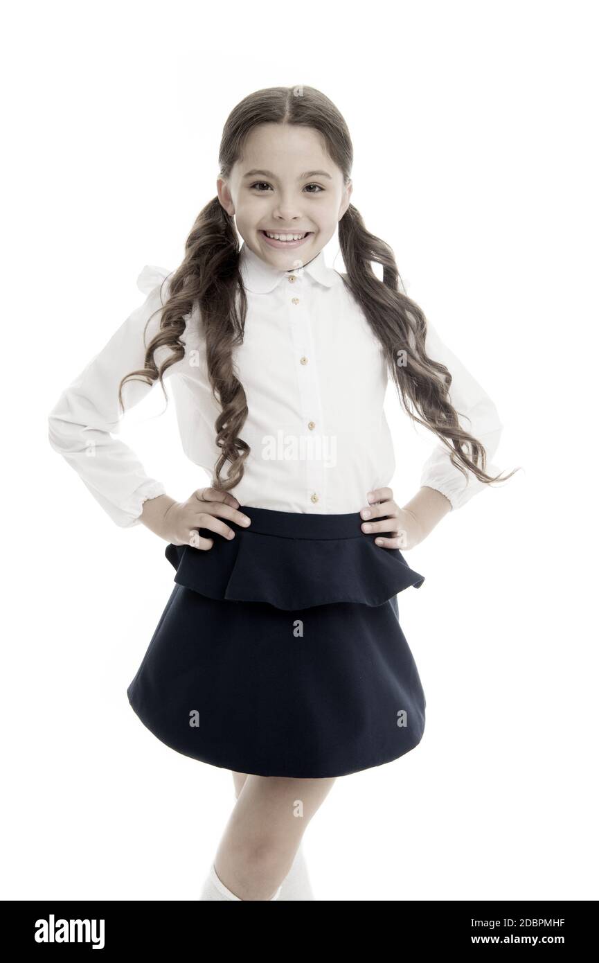 September time to study. Girl cute pupil on white background. Pupil of ...