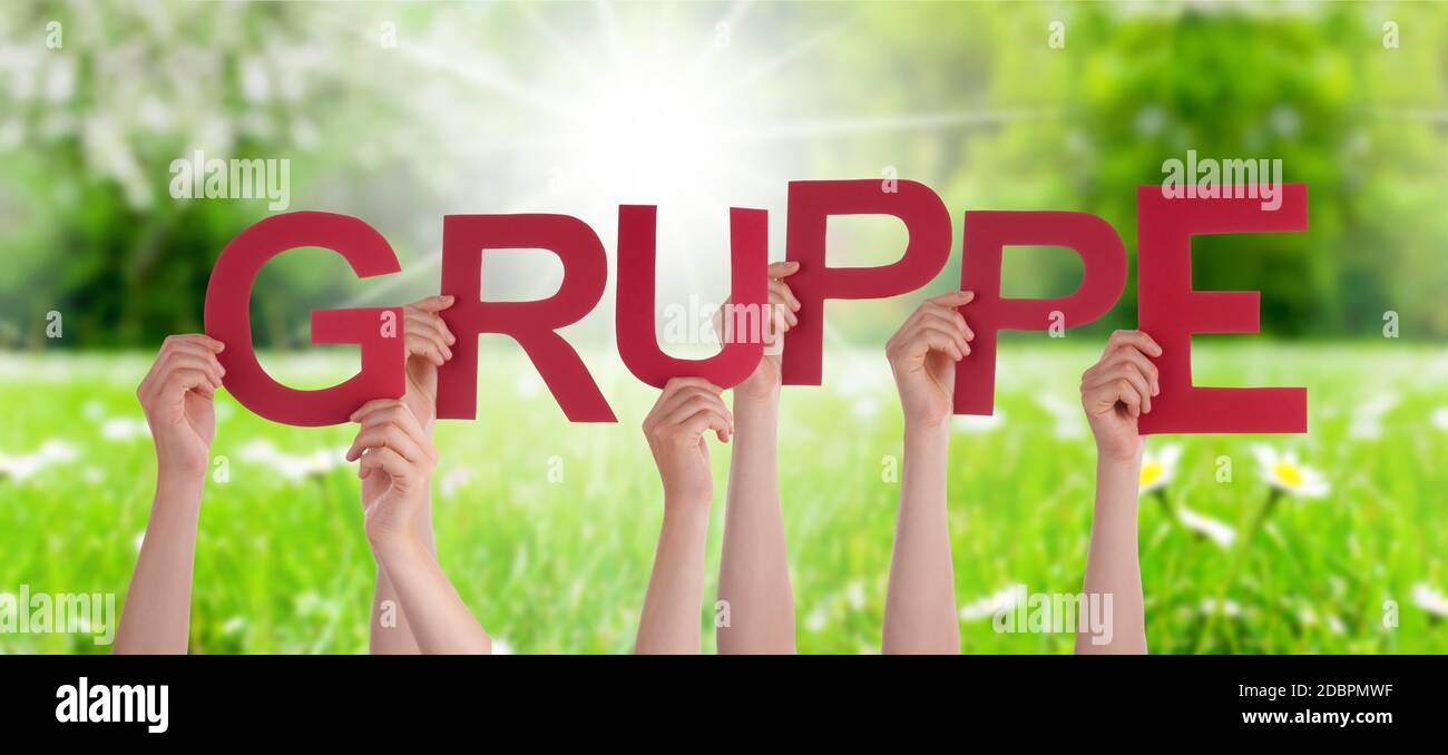 People Hands Holding Red German Word Gruppe Means Group. Sunny Green ...