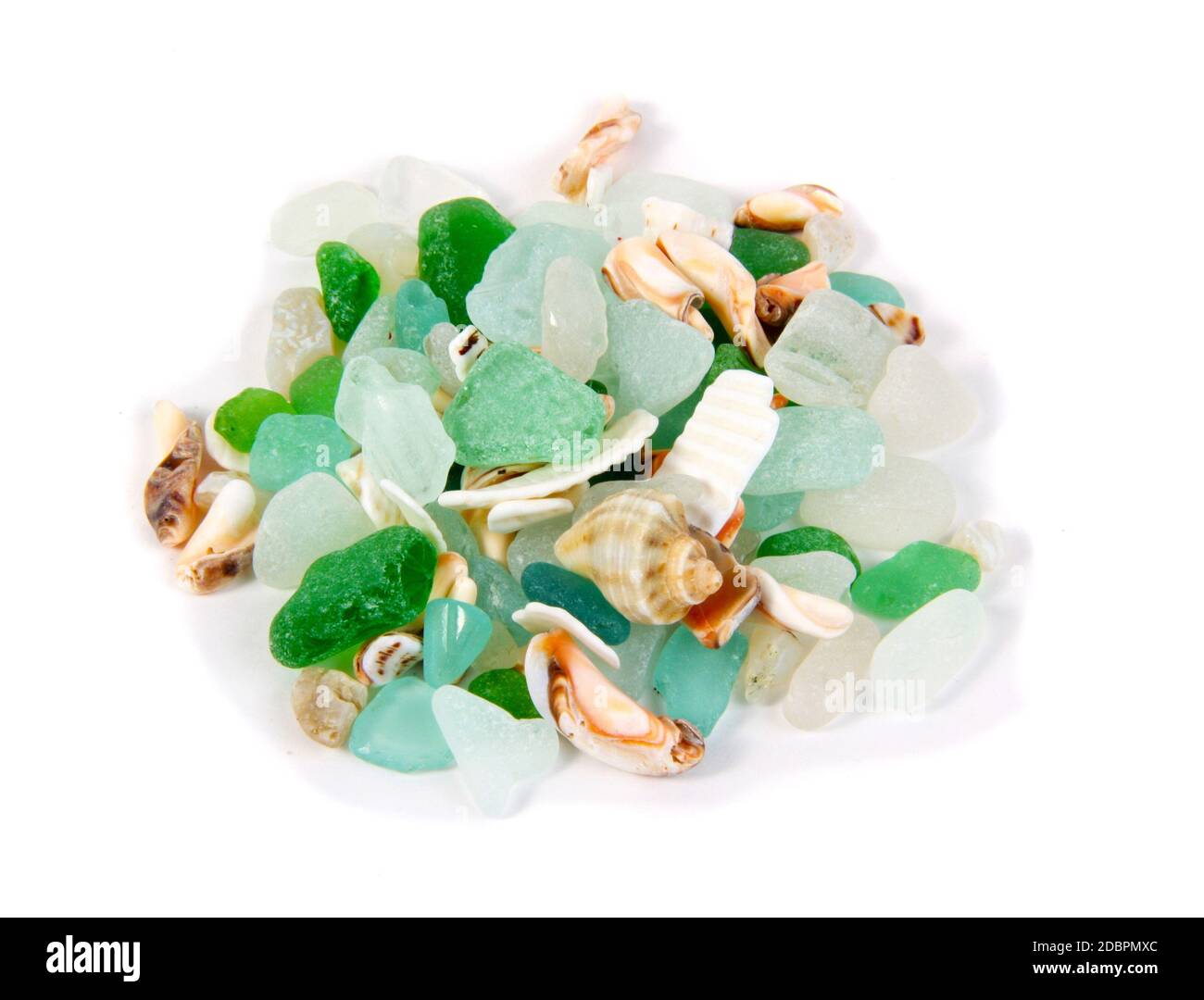 Sea finds. Sea glass and shells on white Stock Photo - Alamy