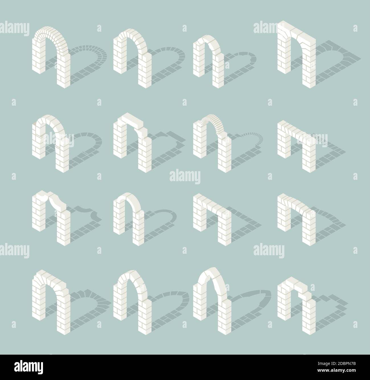 Stone architectural isometric 3d arch icons set. Exterior ancient ...