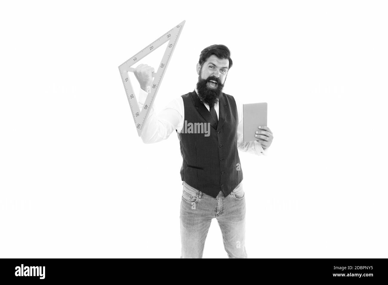 Engineering is science to solve problems. Excited hipster hold triangle ...