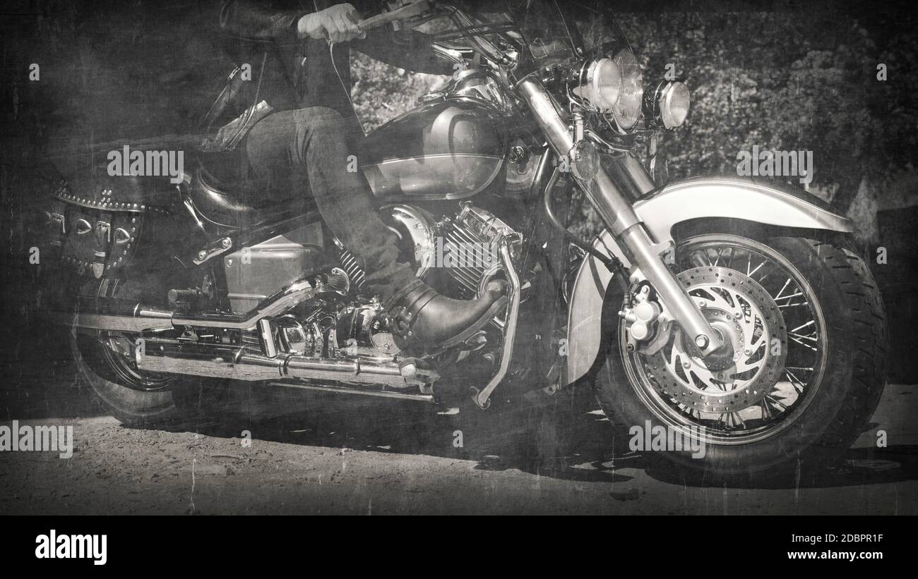 Biker riding a motorcycle. View of Bike and legs in leather cowboy ...