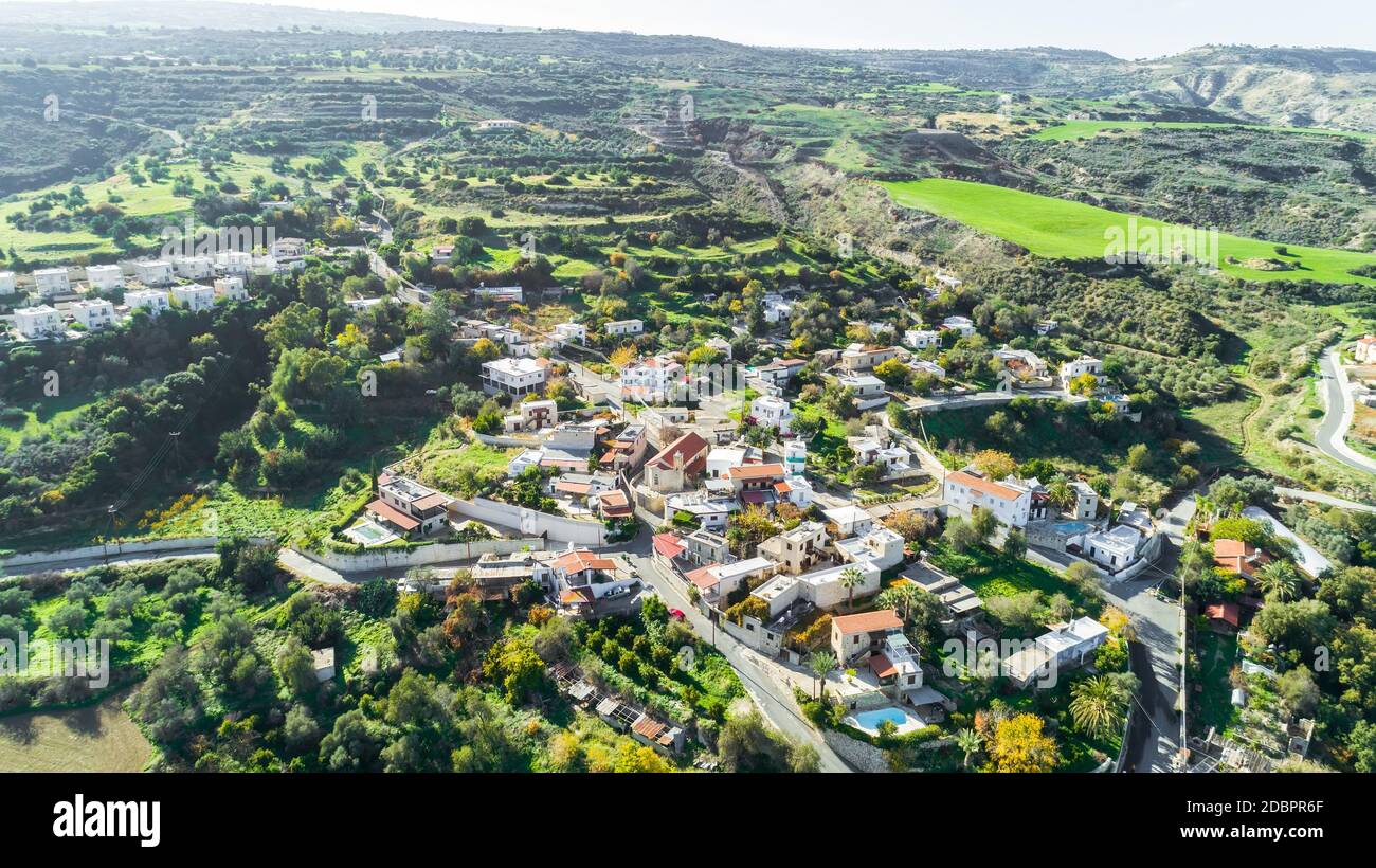 Aerial bird eye view of Goudi village in Polis Chrysochous valley ...