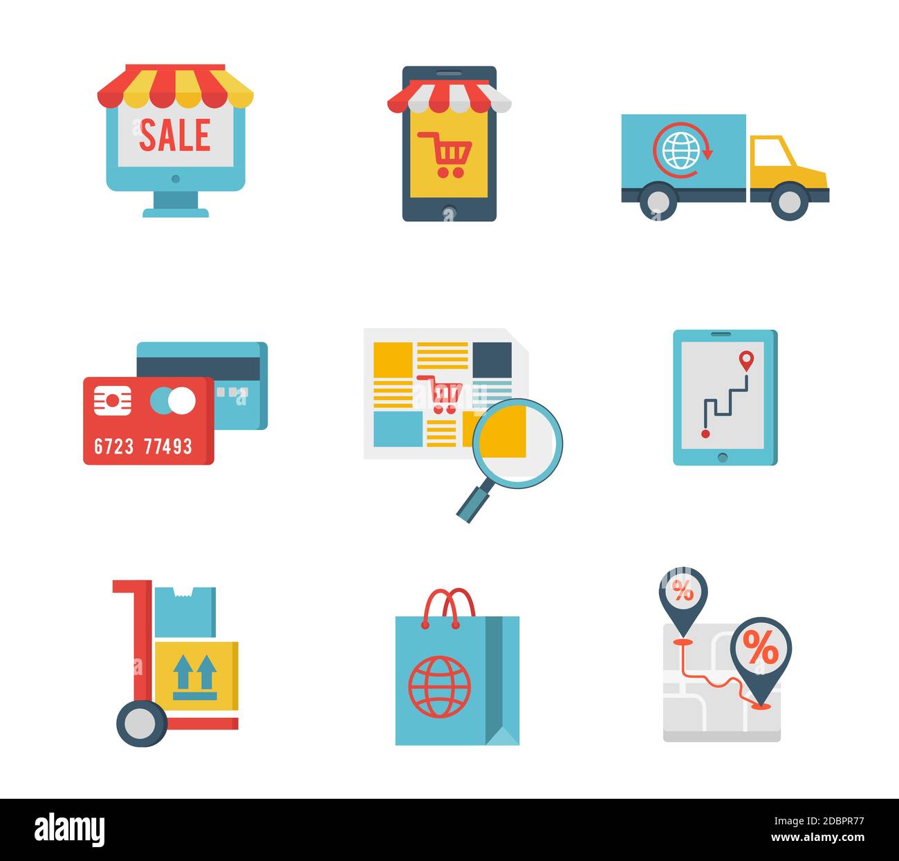 Flat design icons of e-commerce symbols and internet shopping elements ...