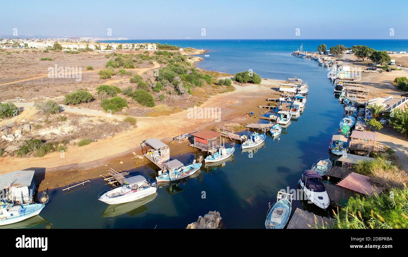 Aerial bird's eye view of Liopetri river to the sea (potamos Liopetriou ...