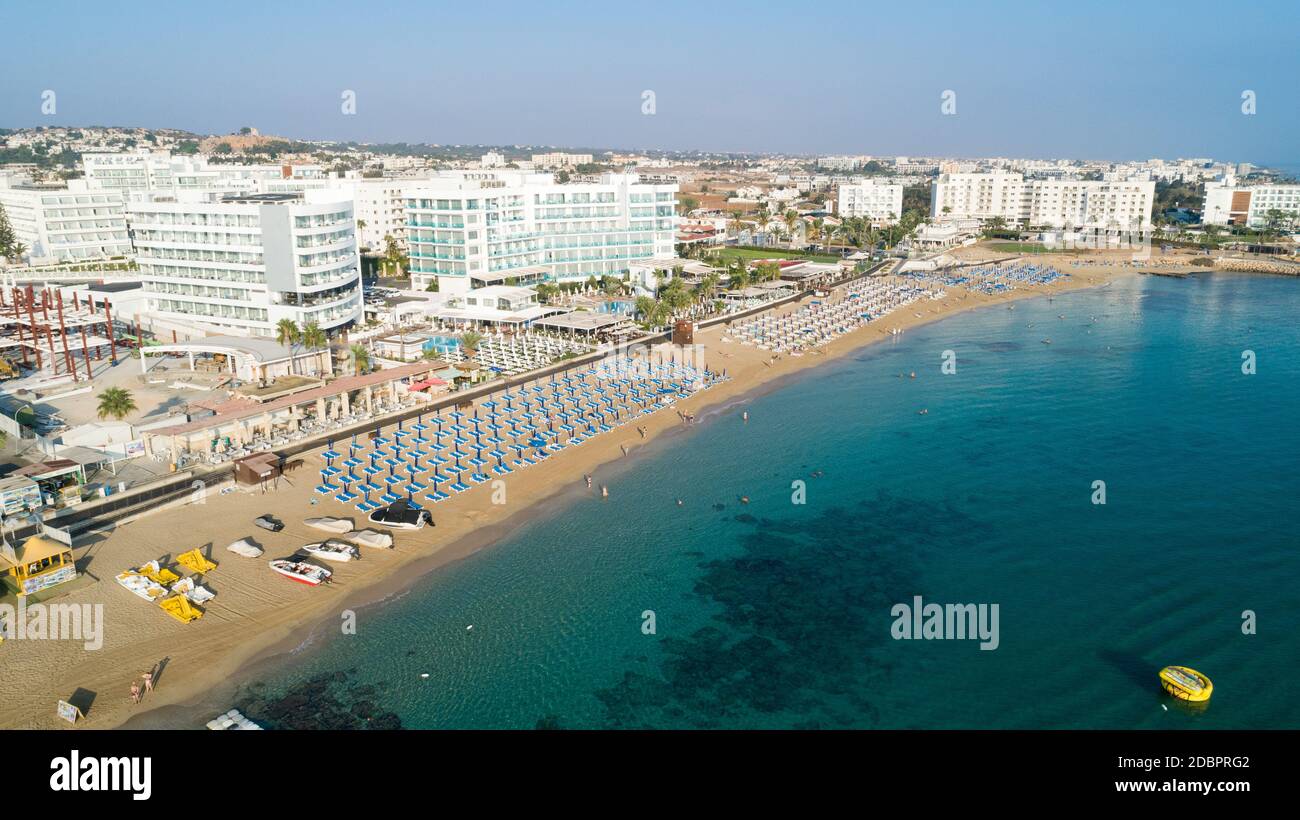 Aerial bird's eye view of Sunrise beach at Fig tree in Protaras ...