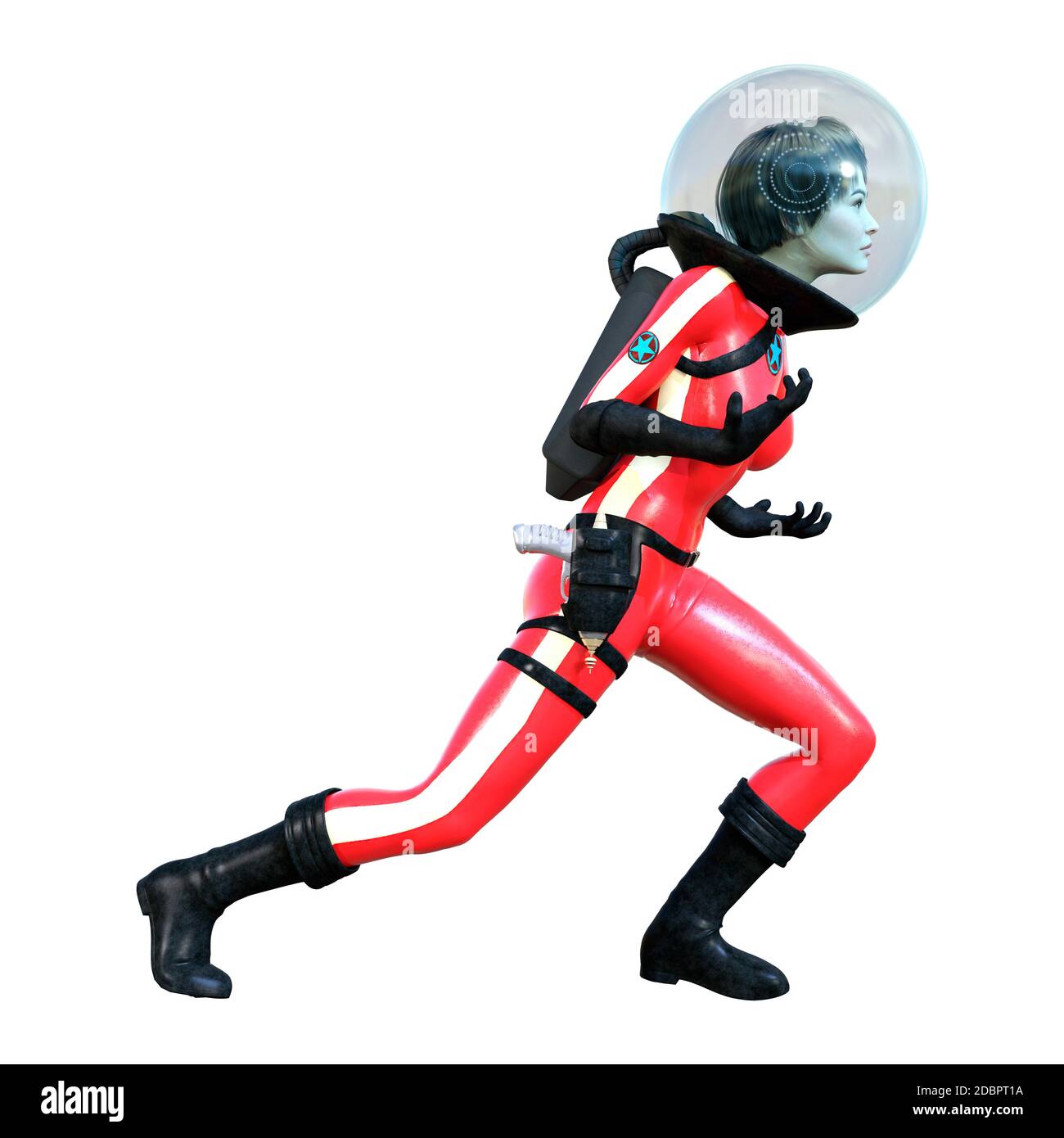3D rendering of a sceince fiction astronaut woman in a red retro space ...