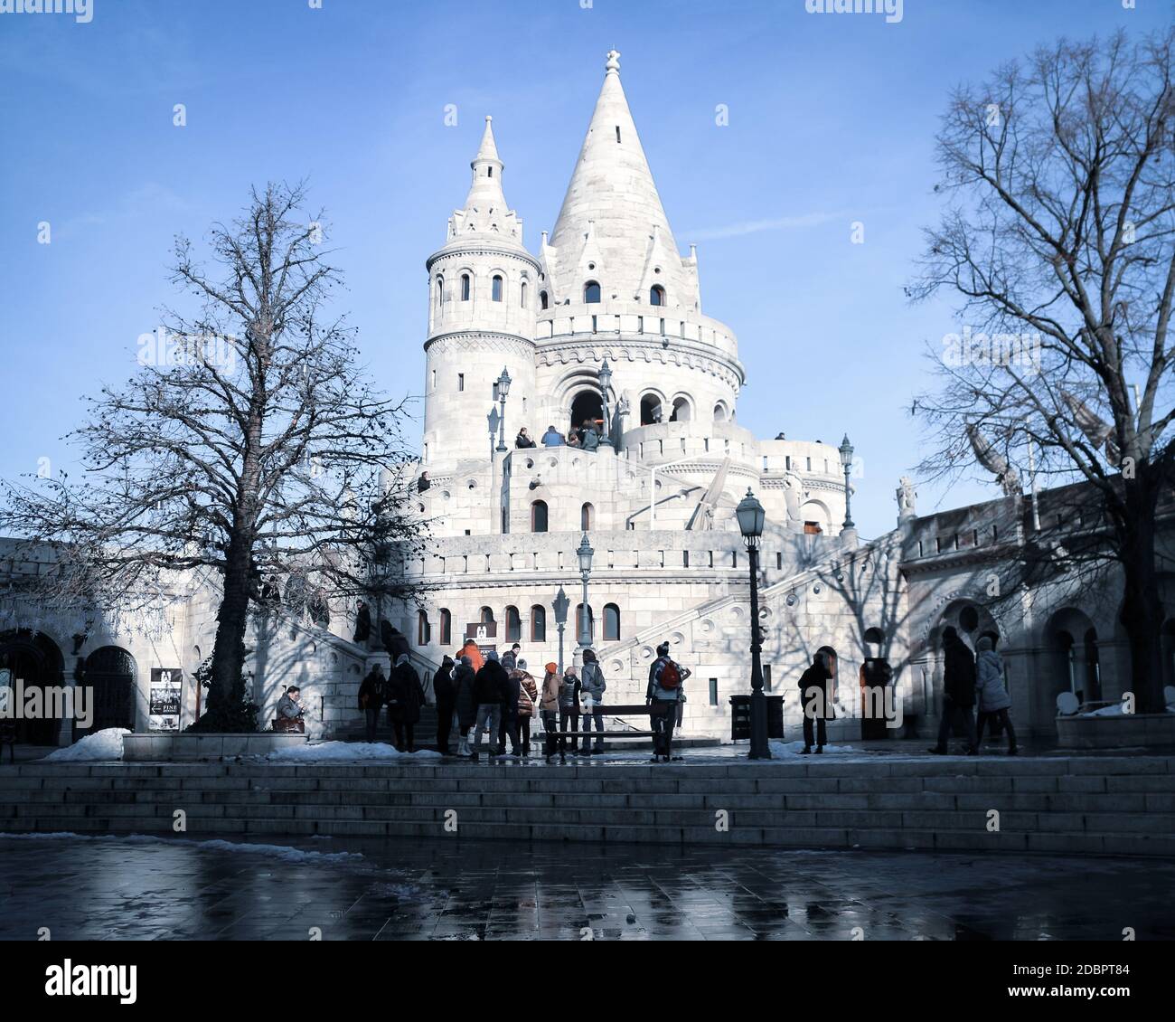 Tourism at Fisherman's Bastion (hungarian: Halászbástya) on a snowy ...