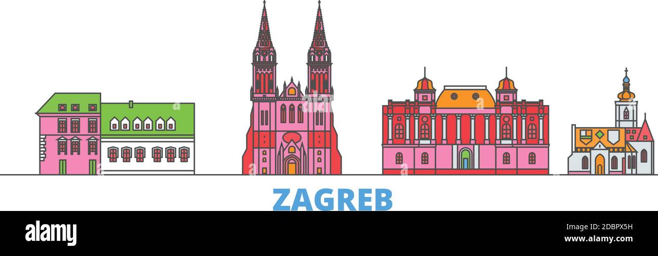 Croatia, Zagreb line cityscape, flat vector. Travel city landmark ...