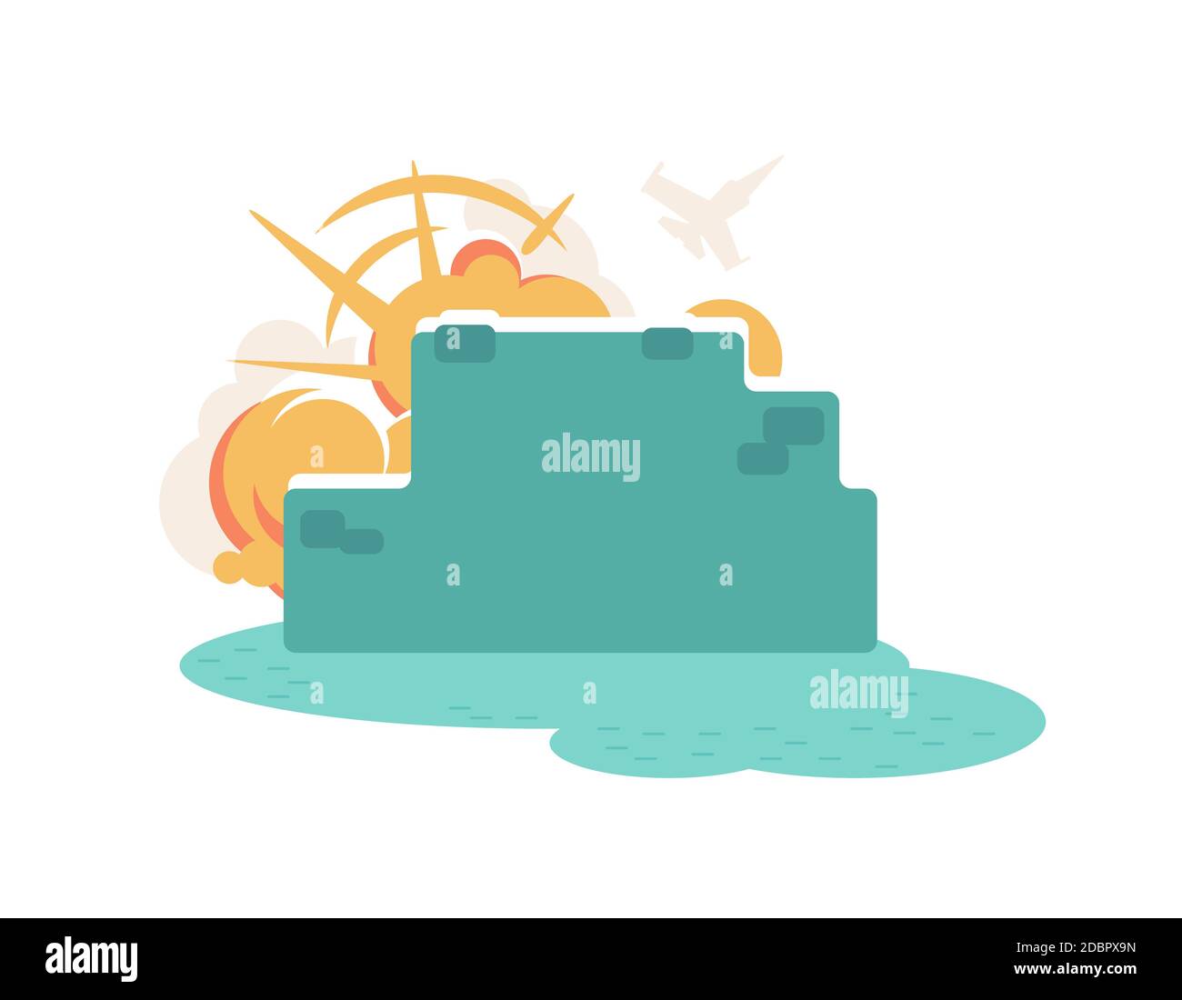 City aerial bombing 2D vector web banner, poster. Explosion behind wall ...