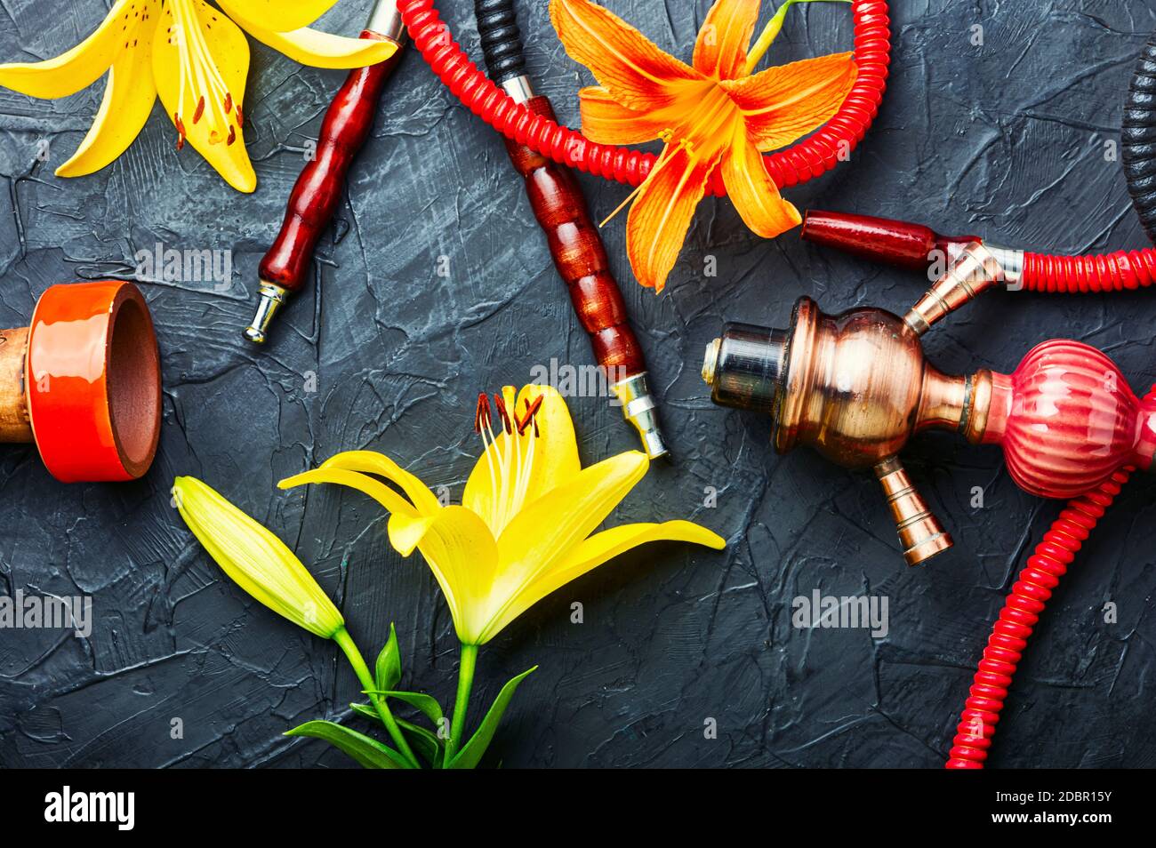 Asian smoking hookah with fragrant flower tobacco.Lily flavor shisha ...