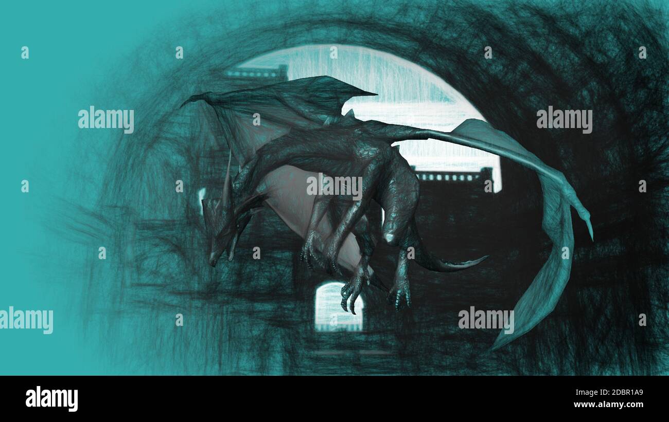 3d illustration of Dragon attacking castle of humans Stock Photo - Alamy