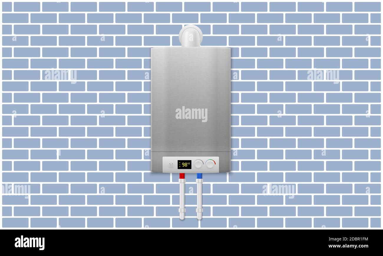 mock up illustration of digital water heater on brick wall background ...