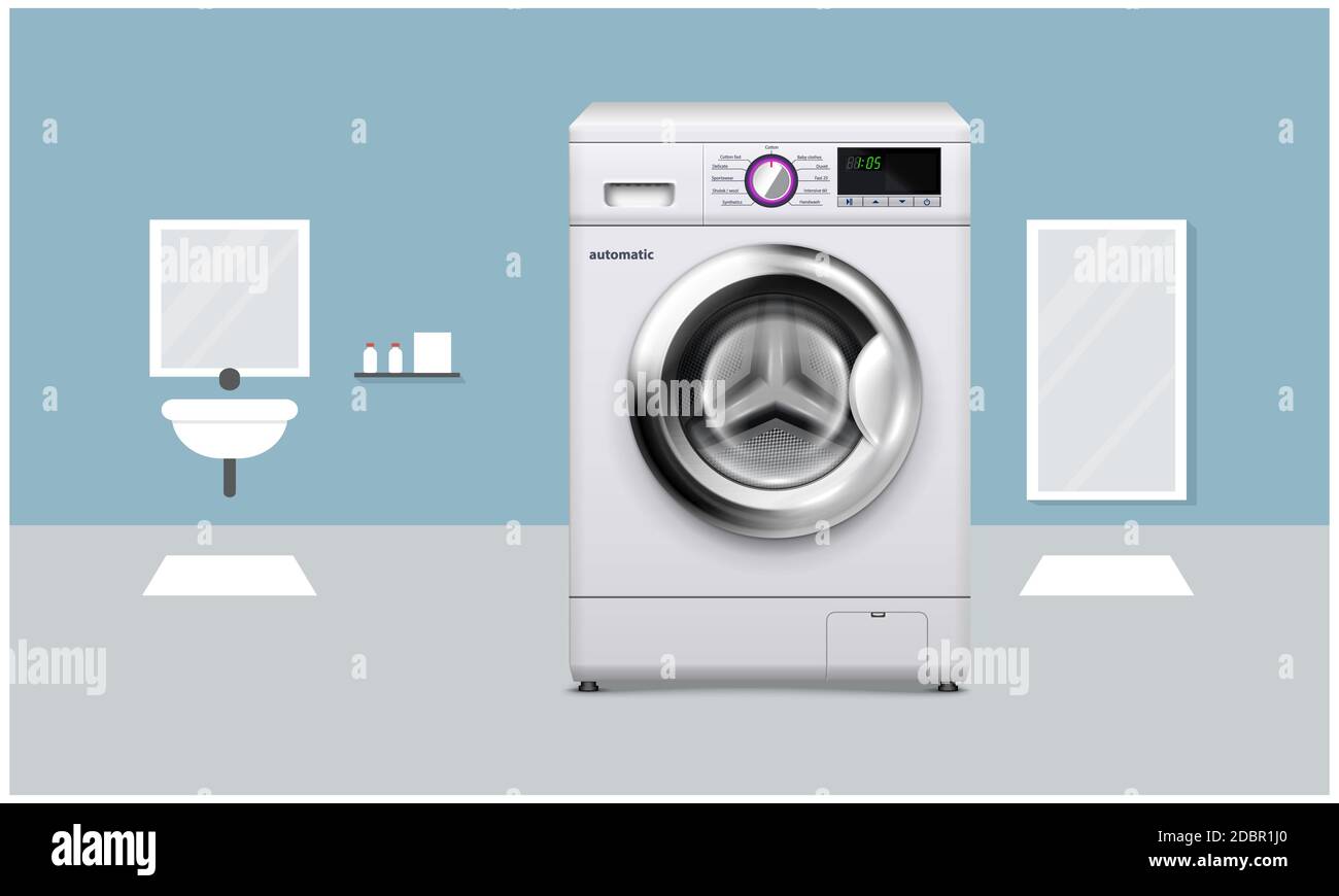 mock up illustration of electronic washing machine in washroom view ...