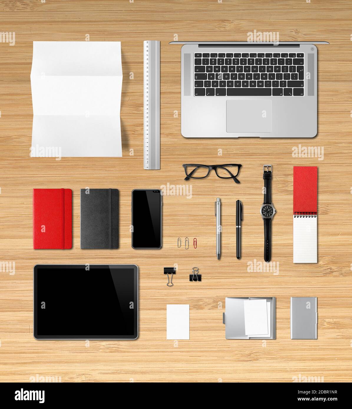 Wooden office desk branding mockup. Top view Stock Photo - Alamy