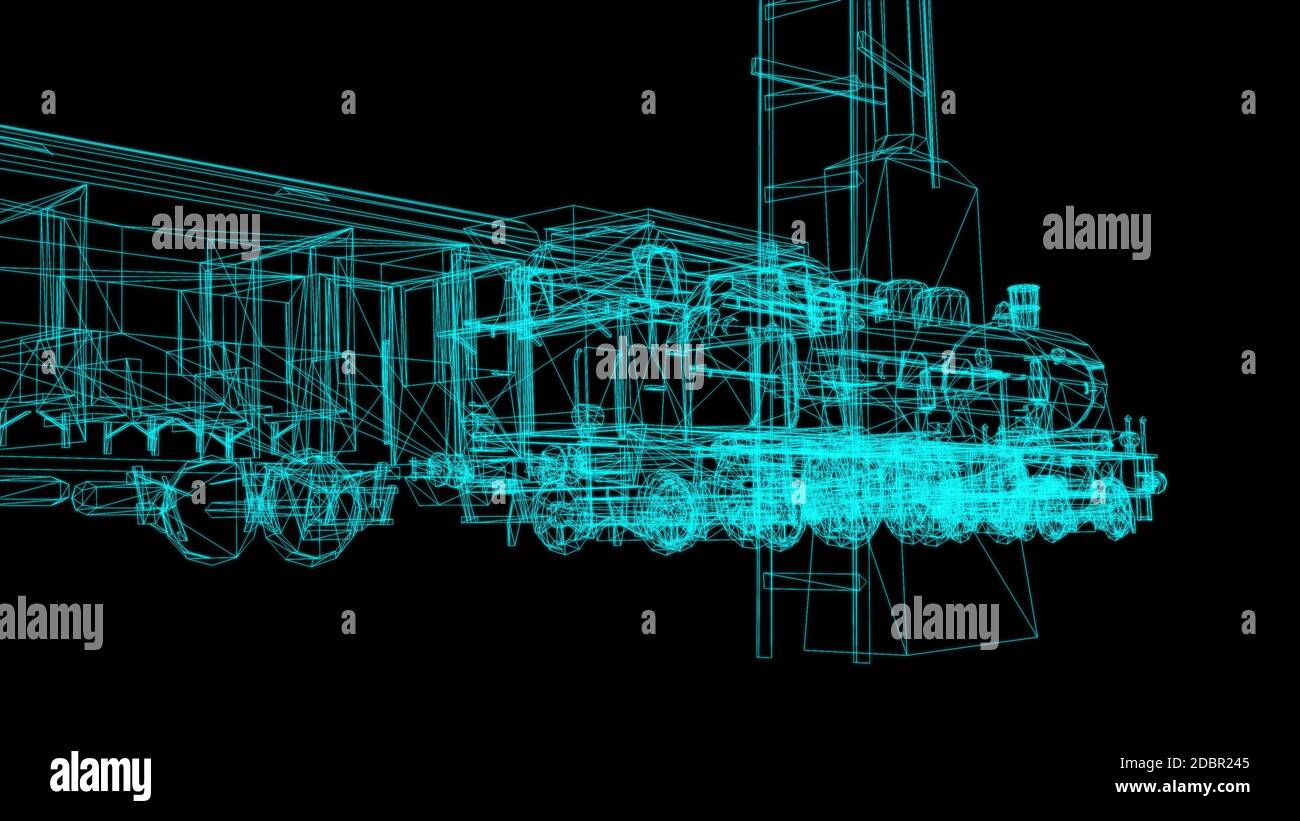 3d rendering - wire frame model of Train Hologram in Motion Stock Photo ...