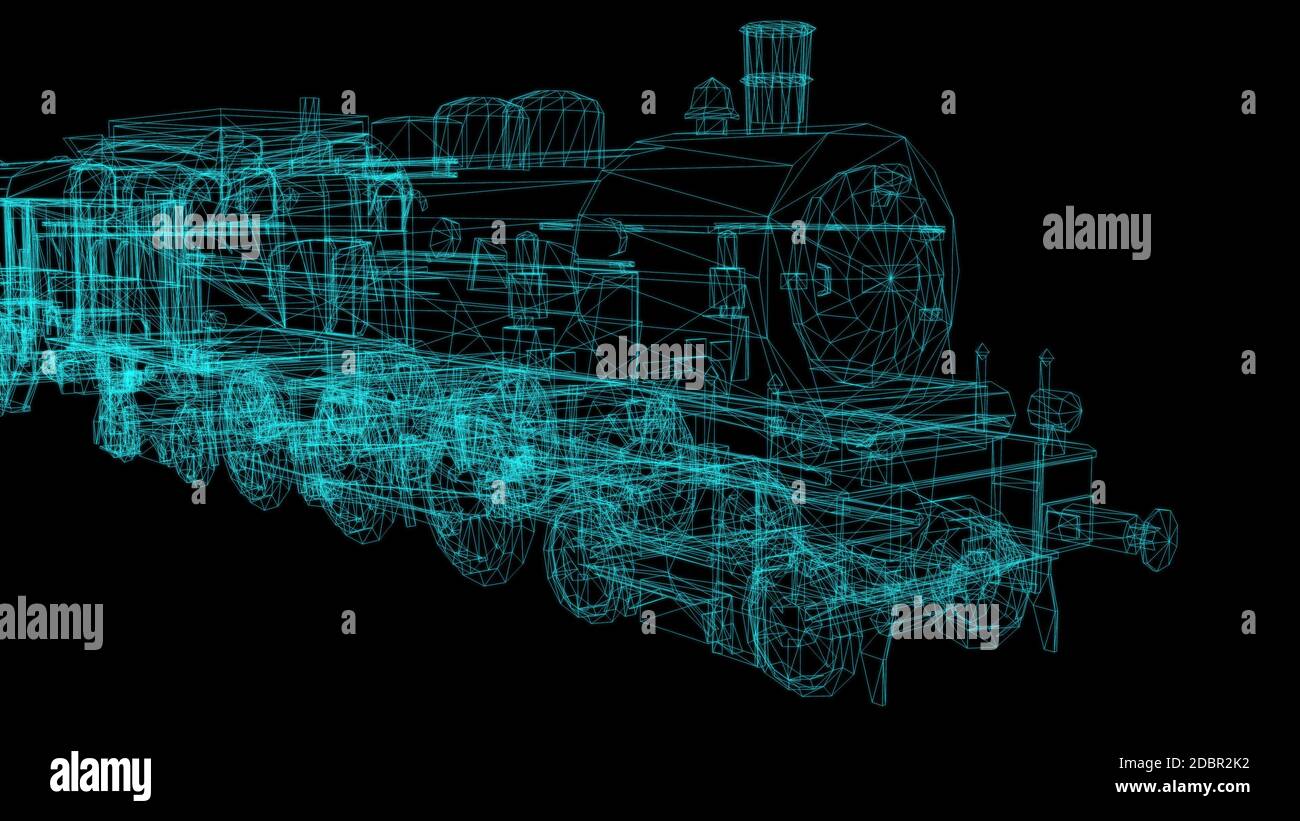 3d rendering - wire frame model of Train Hologram in Motion Stock Photo ...