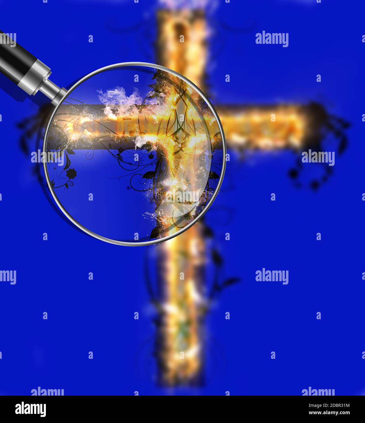 Floral Cross in fire on blue background made in 3d software Stock Photo ...