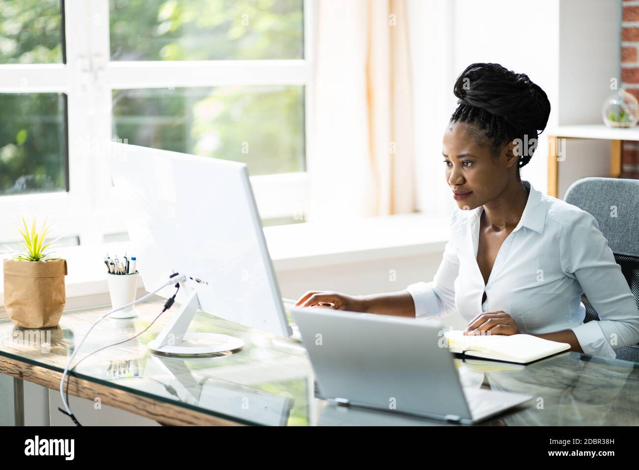 Happy Professional Woman Employee Using Computer For Work Stock Photo ...