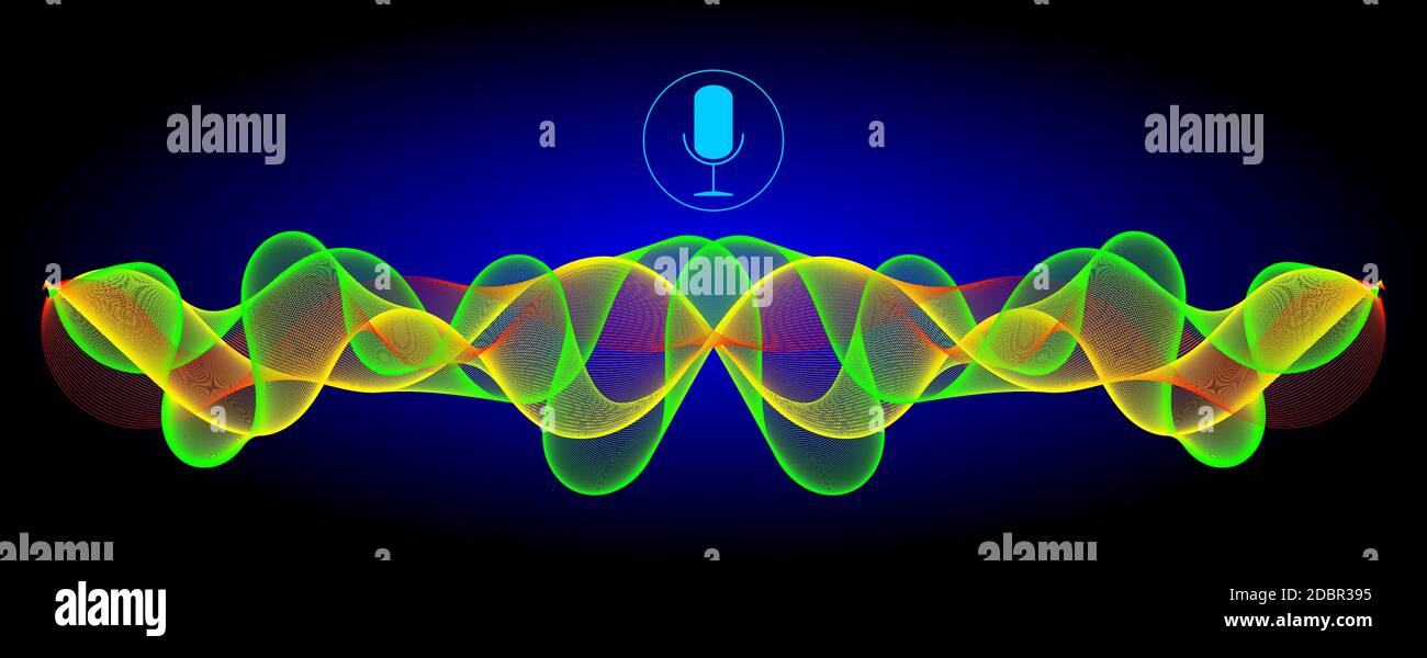 decorative Voice Recognition with a microphone and sound waves on blue ...