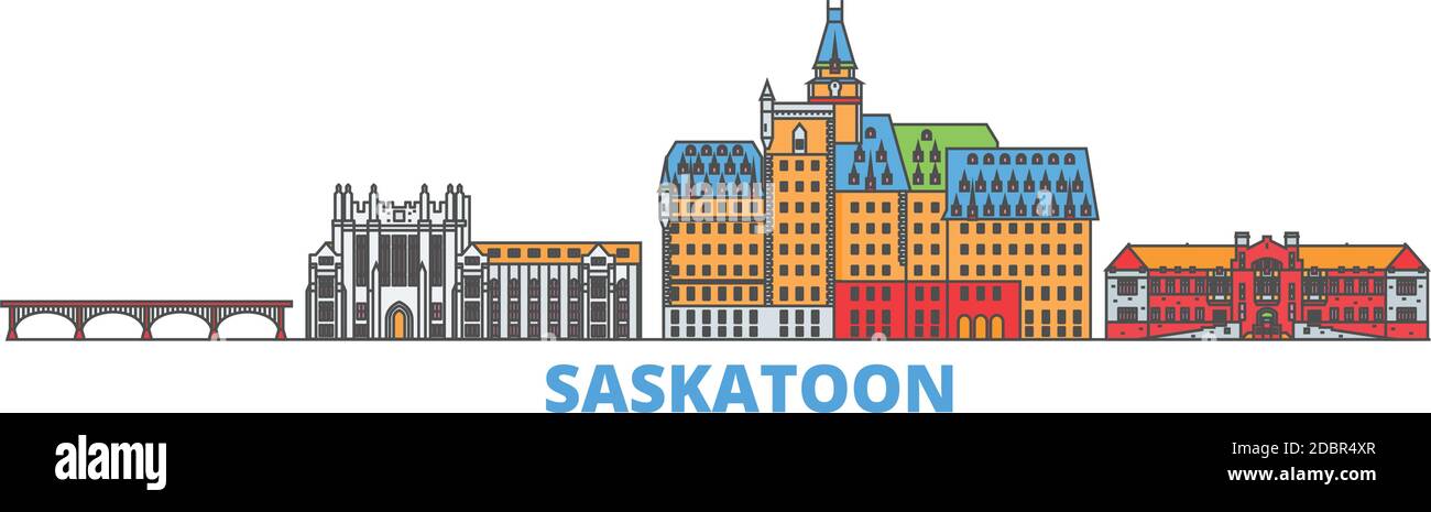 Canada, Saskatoon line cityscape, flat vector. Travel city landmark ...