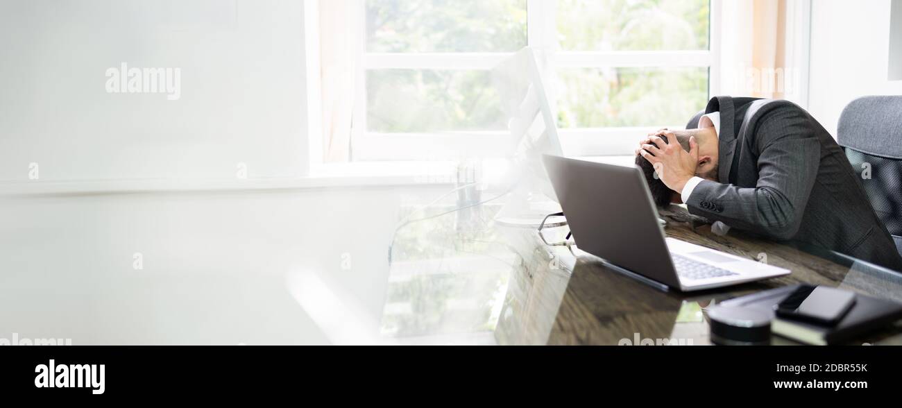 Business Man With Migraine And Headache In Front Of Computer Stock ...