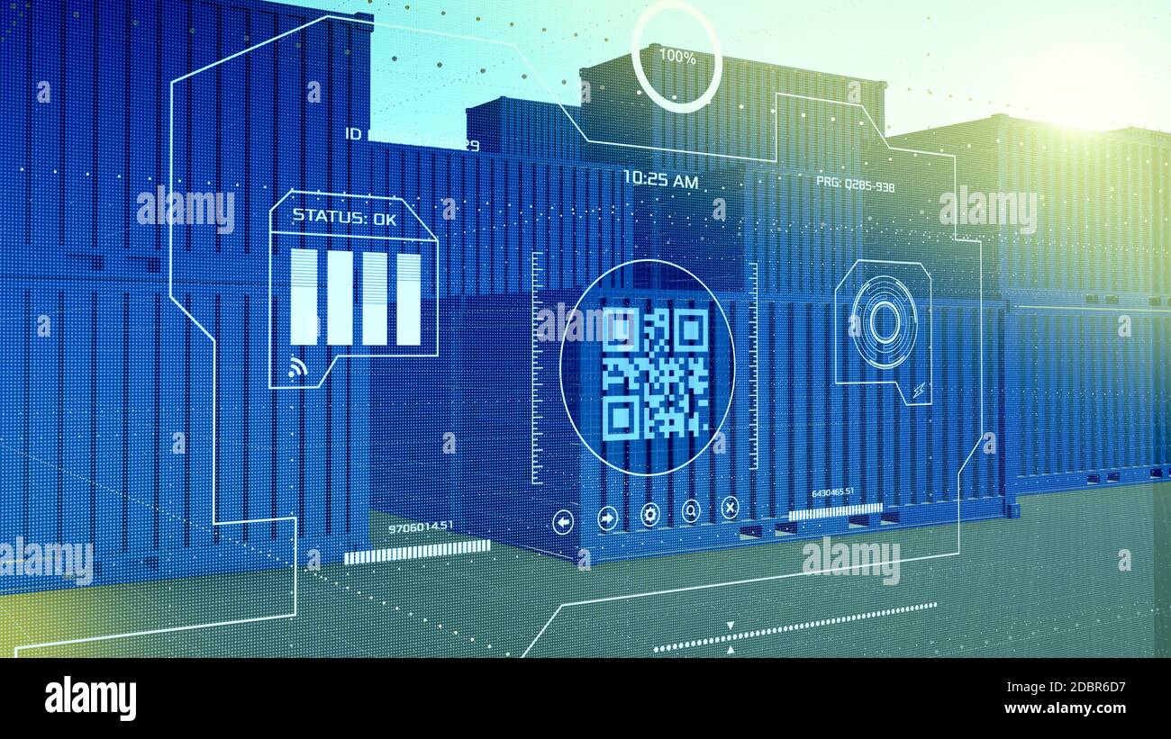 warehouse with stacks of shipping containers with a futuristic ...