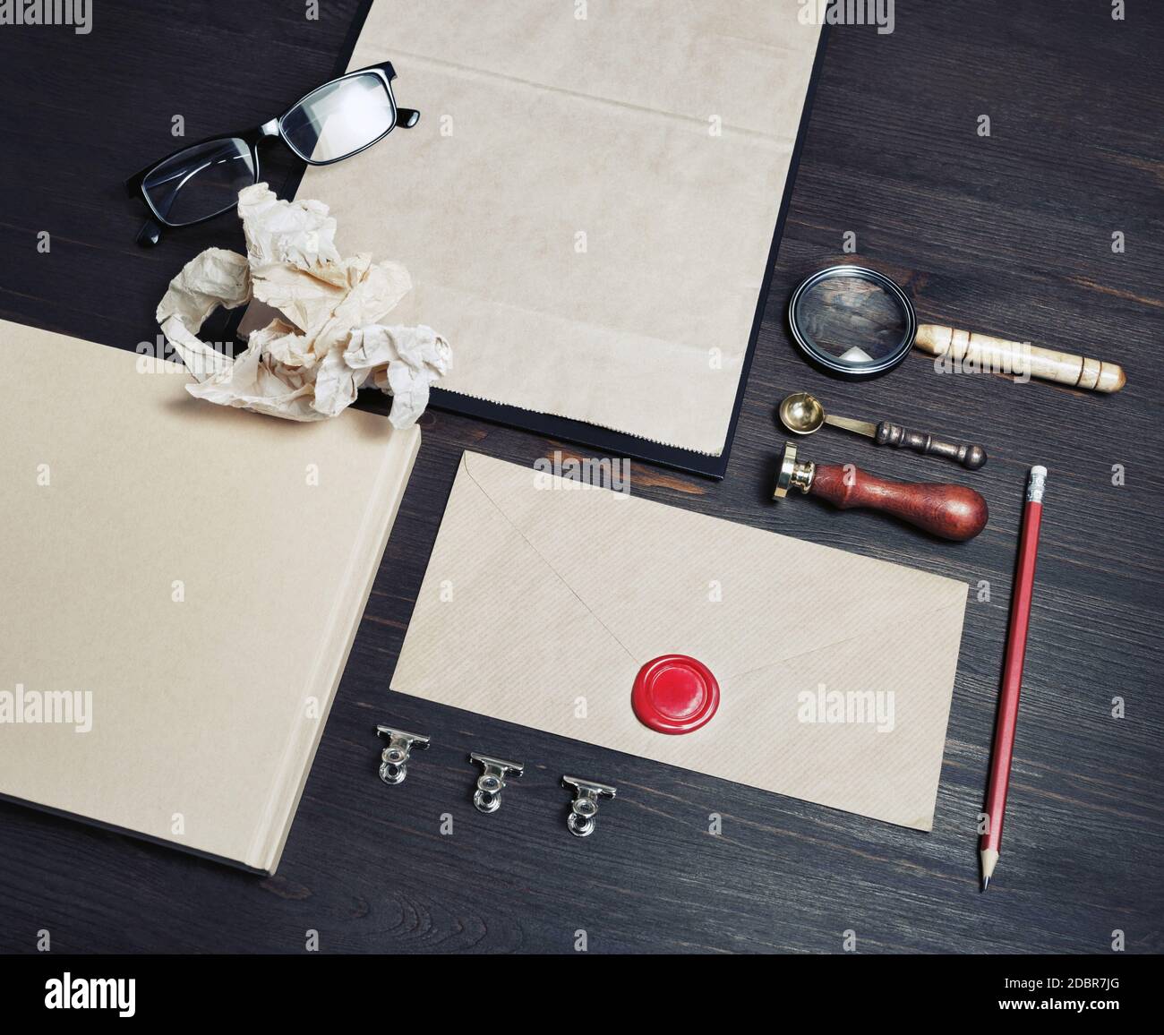 Old blank retro stationery on wooden background Stock Photo - Alamy