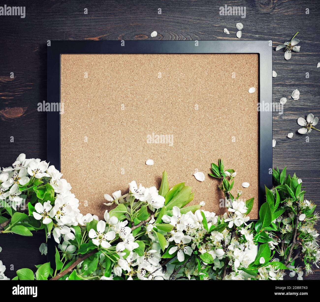 Blank photo frame with spring flowers on wooden background. Responsive ...