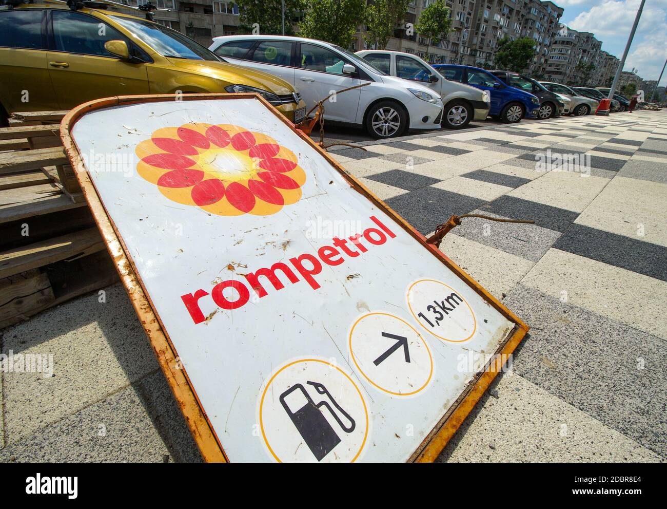 Bucharest, Romania - July 06, 2020: A broken Rompetrol gas station sign ...