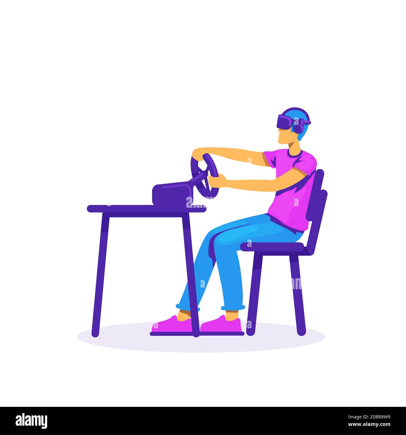 Home racing simulator flat color vector faceless character. Gamer with ...