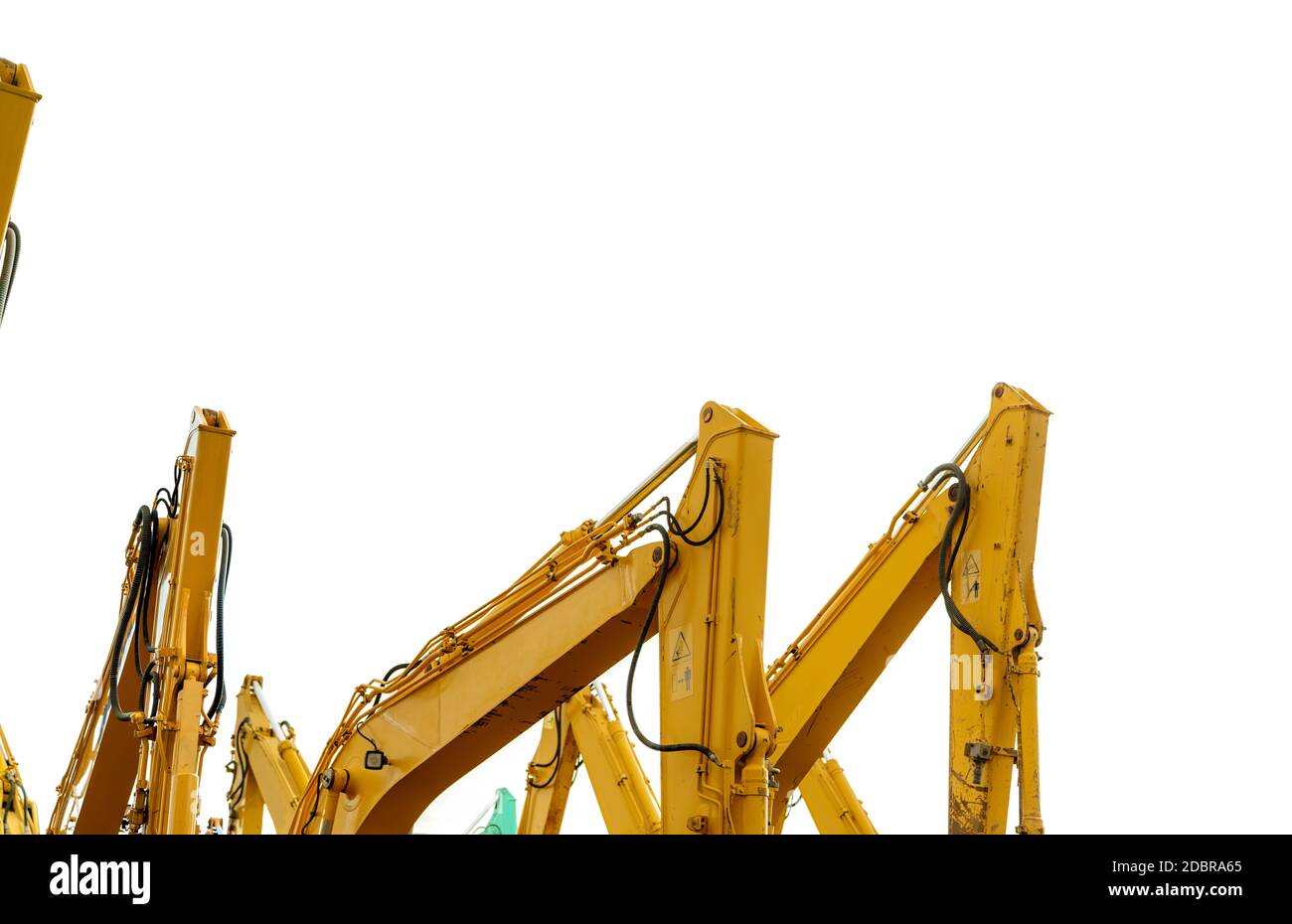 Yellow backhoe with hydraulic piston arm isolated on white. Heavy ...