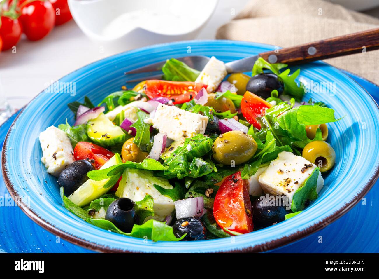 Rustic Greek salad with sheep's cheese Stock Photo - Alamy