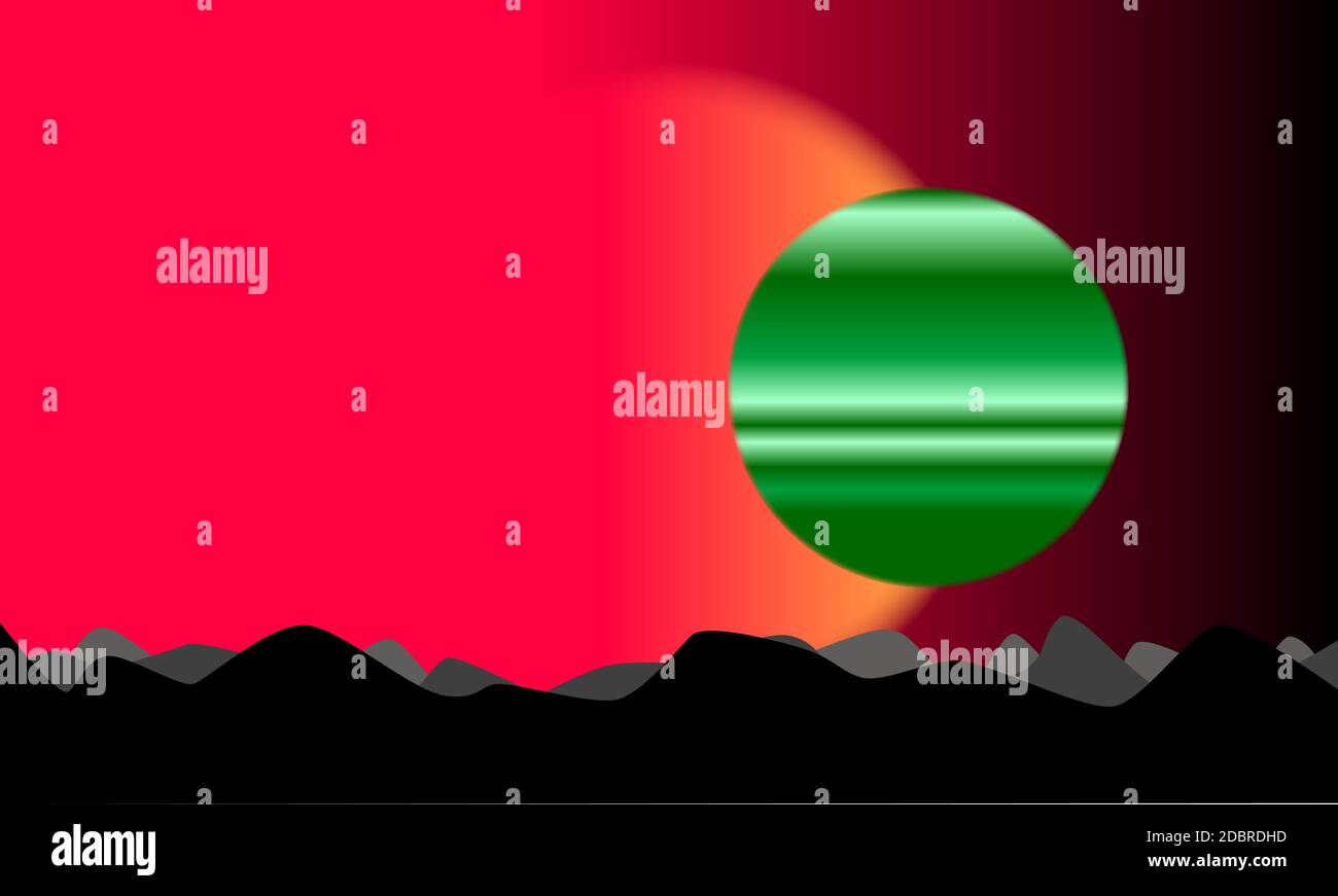 View from an alien lanfscape with dark sun and moon Stock Photo - Alamy