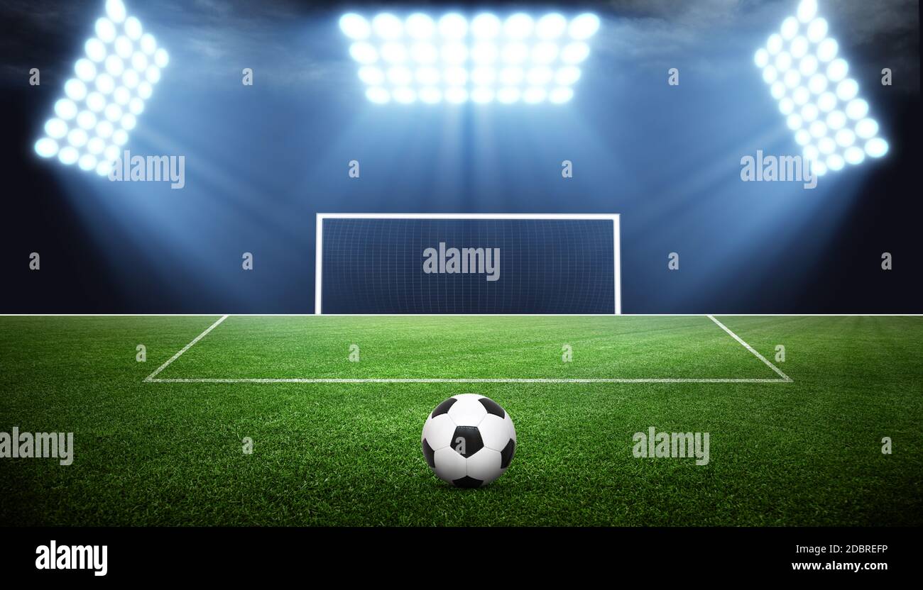 Football stadium, shiny lights, view from field. Soccer concept Stock ...