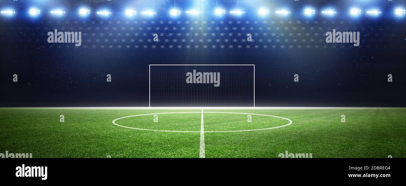 Football stadium, shiny lights, view from field. Soccer concept Stock ...