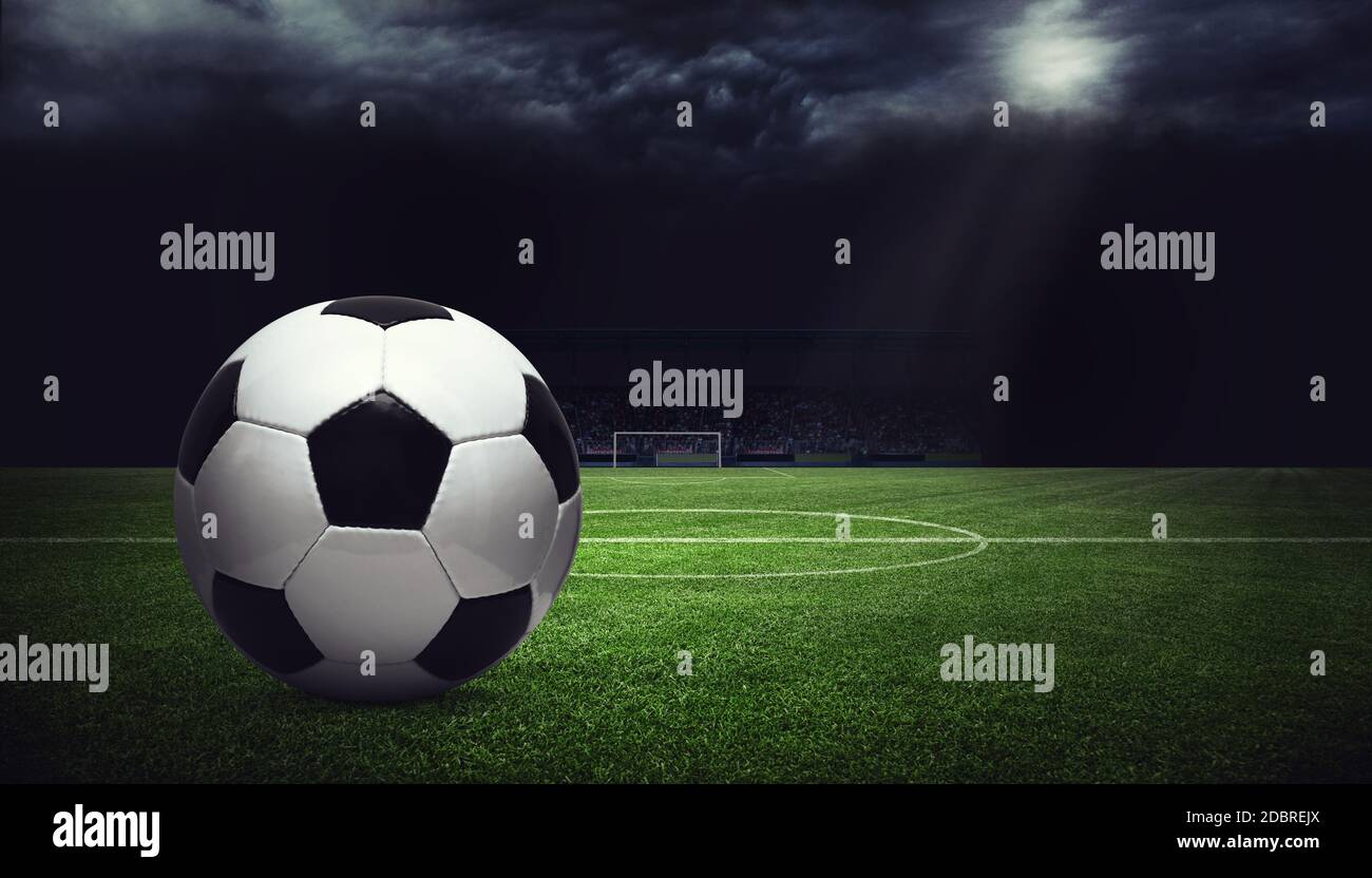 Football stadium, shiny lights, view from field. Soccer concept Stock ...