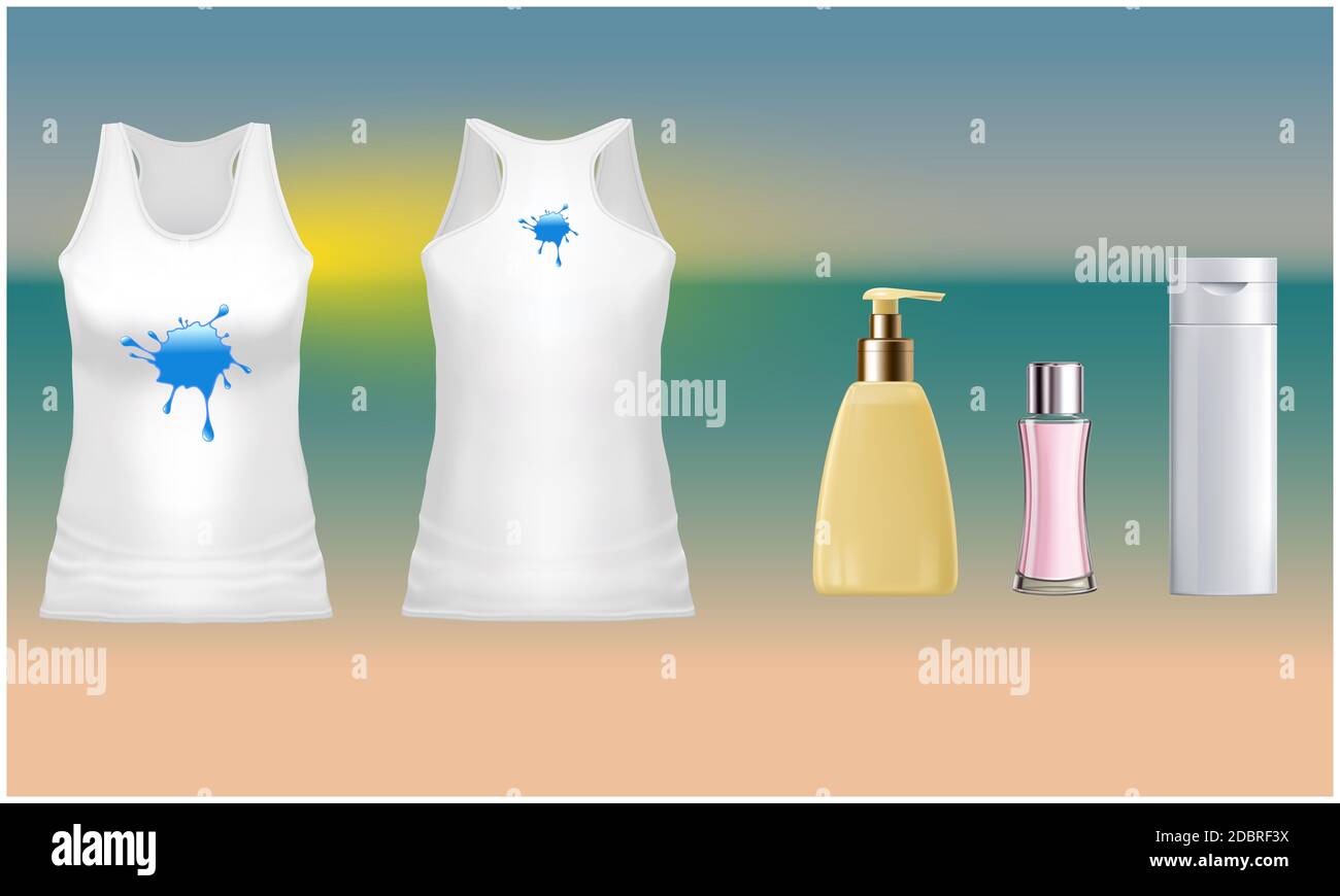 mock up illustration of female tanks and cosmetics on abstract ...