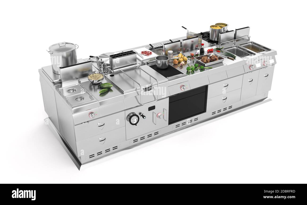 professional stainless steel kitchen for restaurants. 3d render. nobody ...